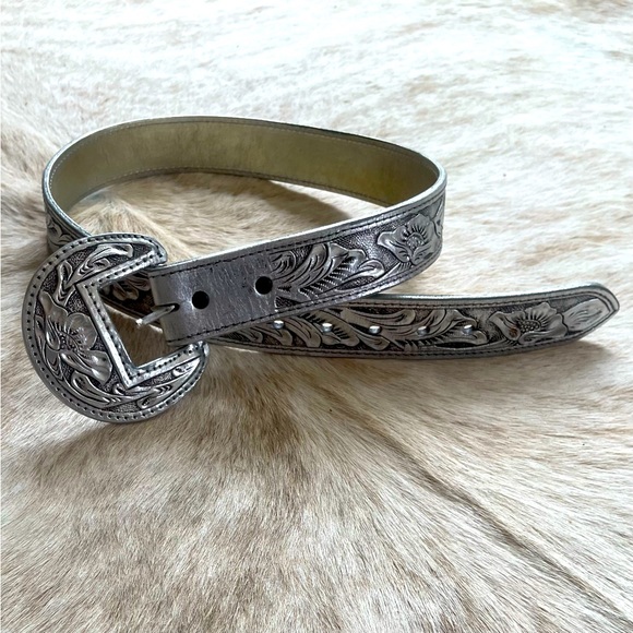 Accessories | Leather Metallic Silver Tooled Leather Belt | Poshmark